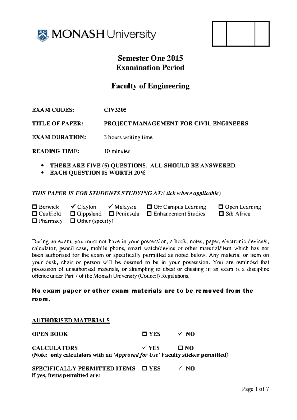 Exam 2015 - Semester One 2015 Examination Period Faculty of Engineering ...