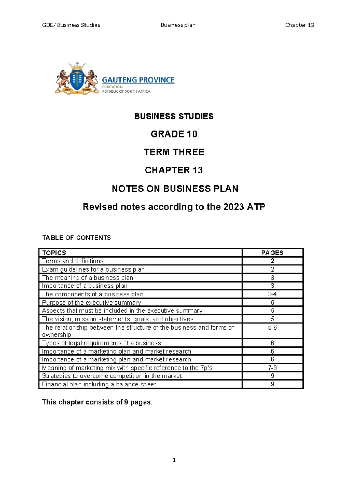 Chapter 13 business plan notes (business studies) 2024 term 3 grade 11 ...