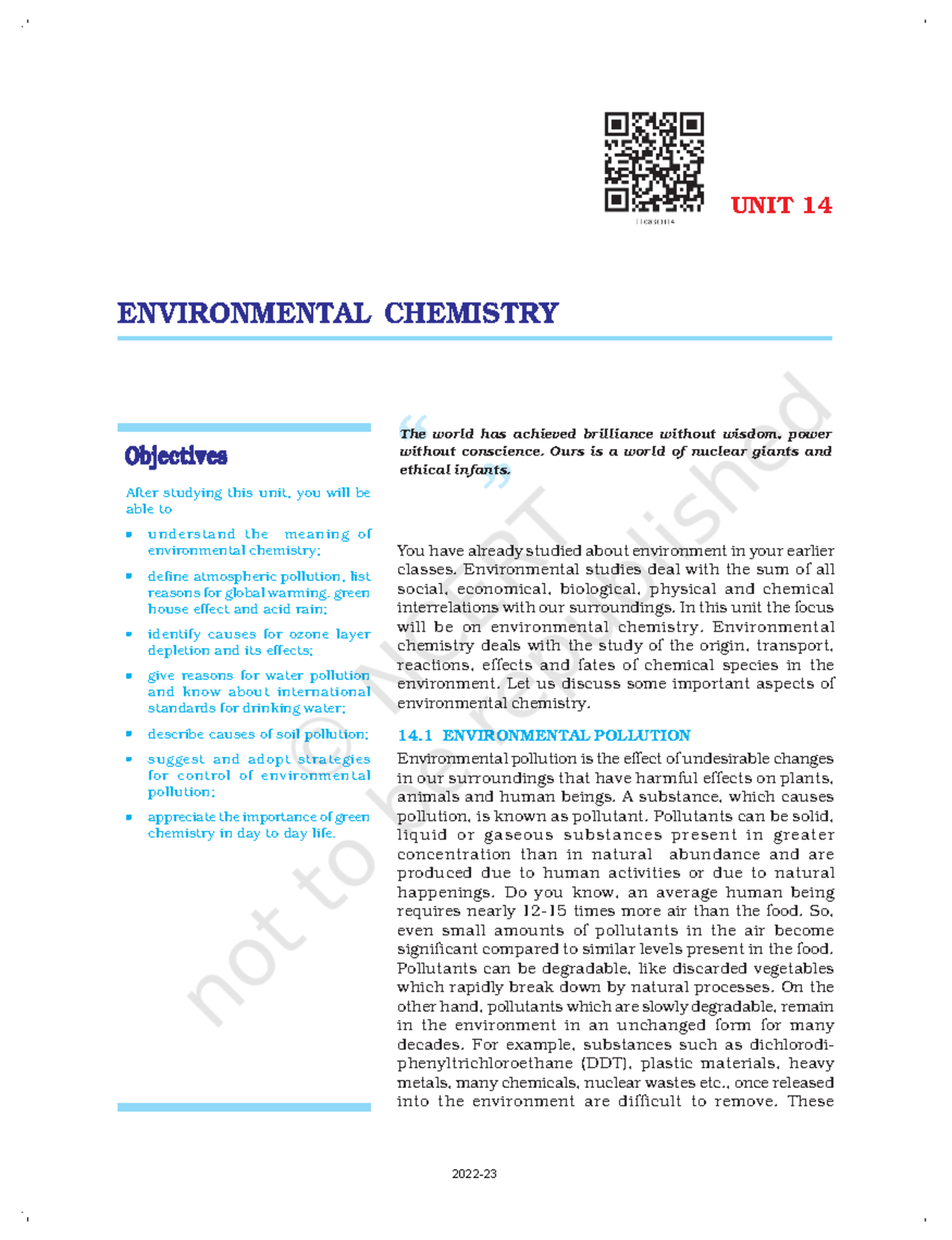 Environmental chemistry - 406 CHEMISTRY UNIT 14 ENVIRONMENTAL CHEMISTRY ...