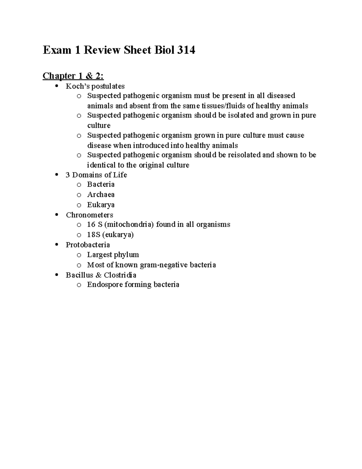 Exam 1 final review biol 314 - Exam 1 Review Sheet Biol 314 Chapter 1 ...