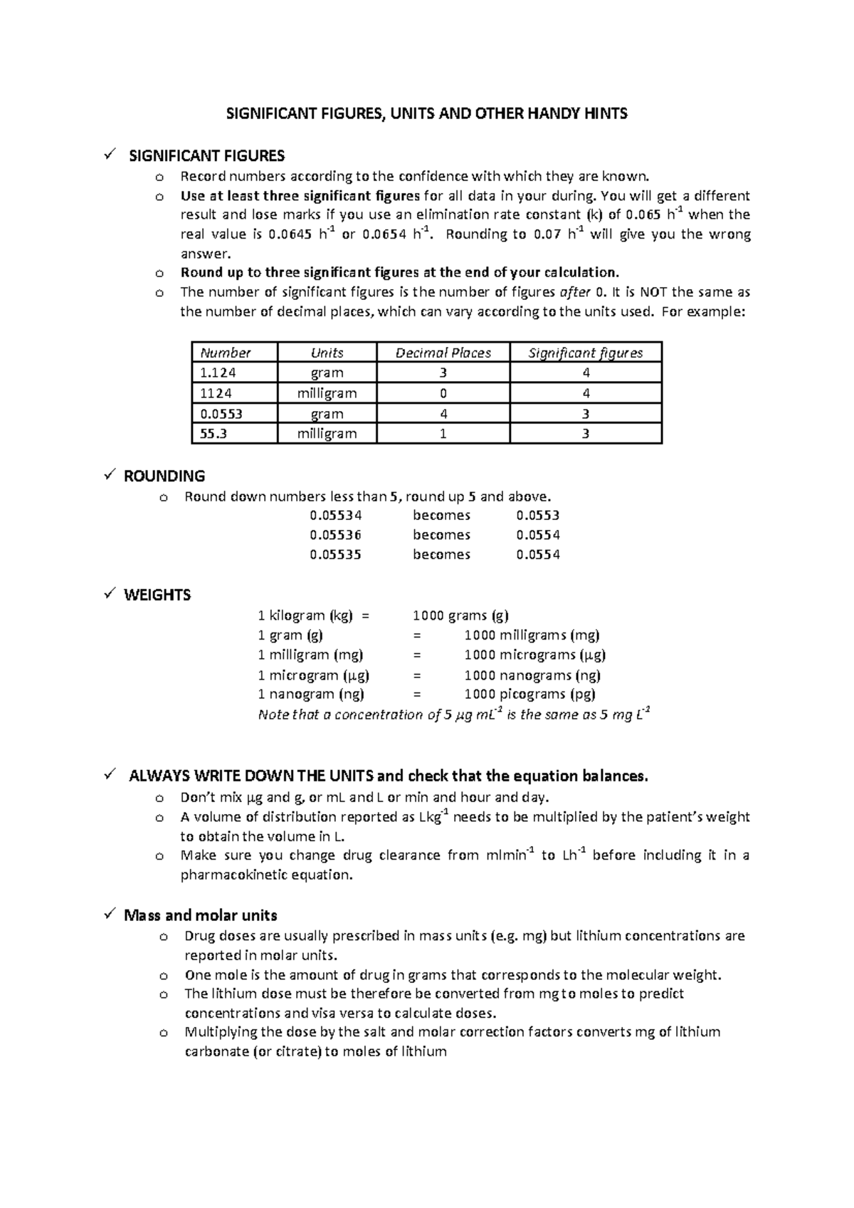 Significant figures, units, weights and molar correction - SIGNIFICANT ...