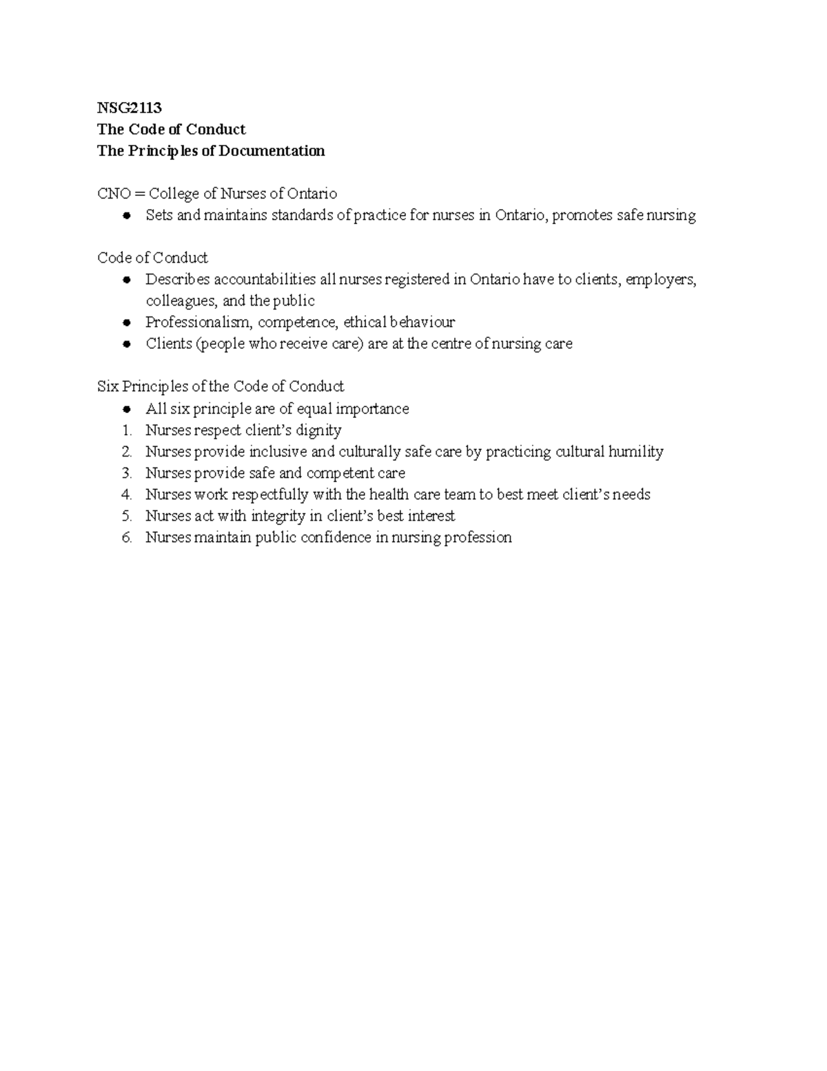 The Code Of Conduct And The Principles Of Documentation Nsg The Code Of Conduct The Principles