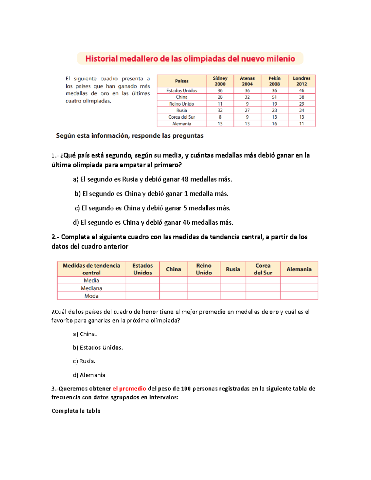 Trabajo 26 DE Octubre - Matematica 2RO - 1.- ¿Qué país está segundo ...