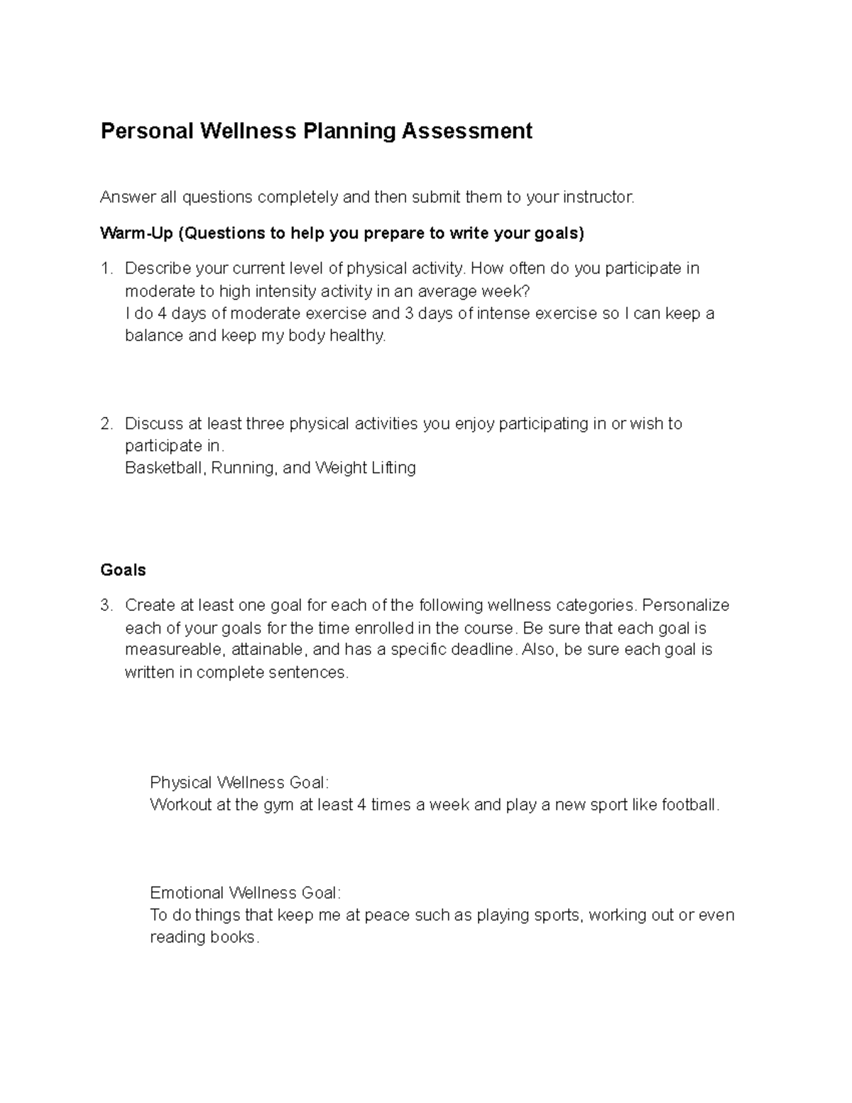 Wellness assessment - Personal Wellness Planning Assessment Answer all ...