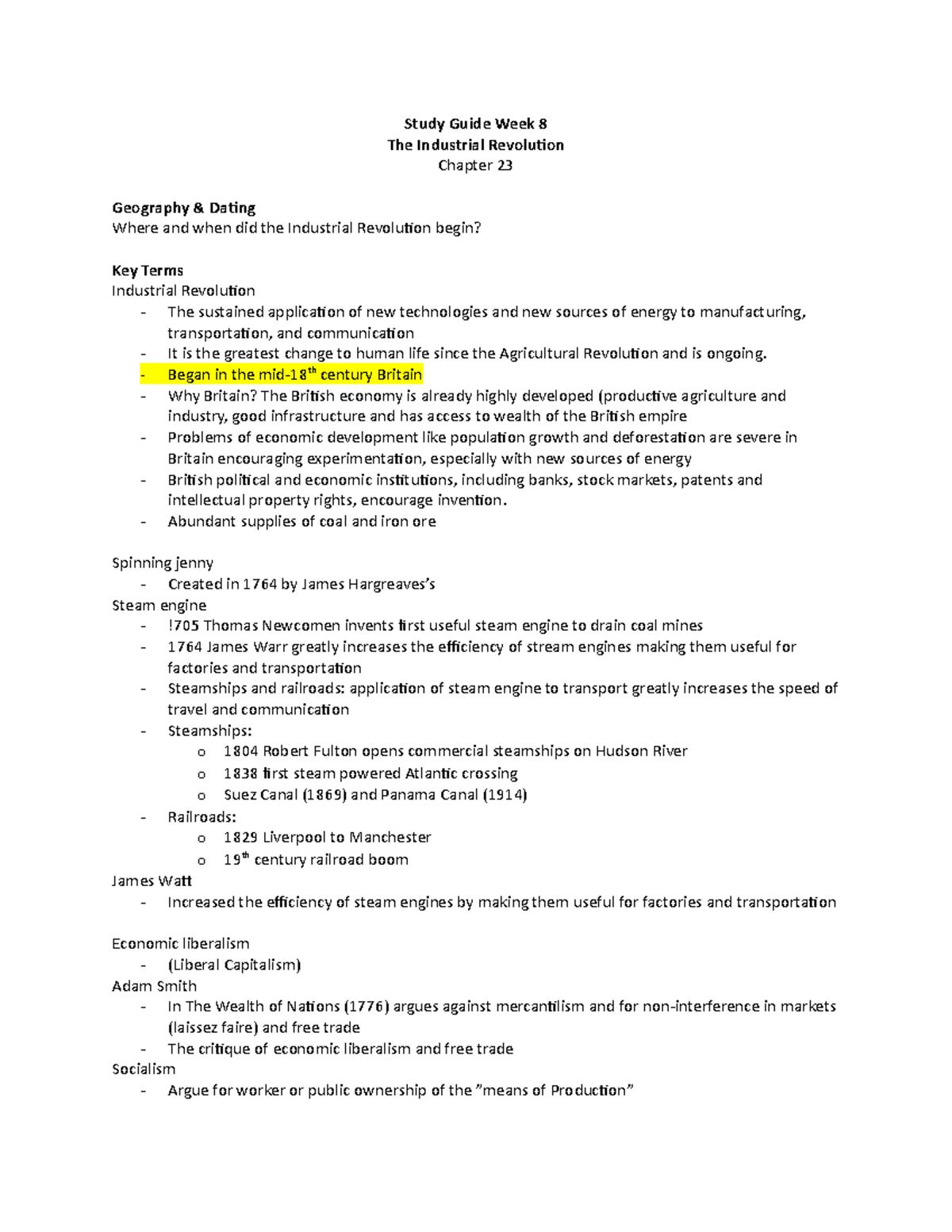 Study Guide Week 8 The Industrial Revolution - Study Guide Week 8 The ...