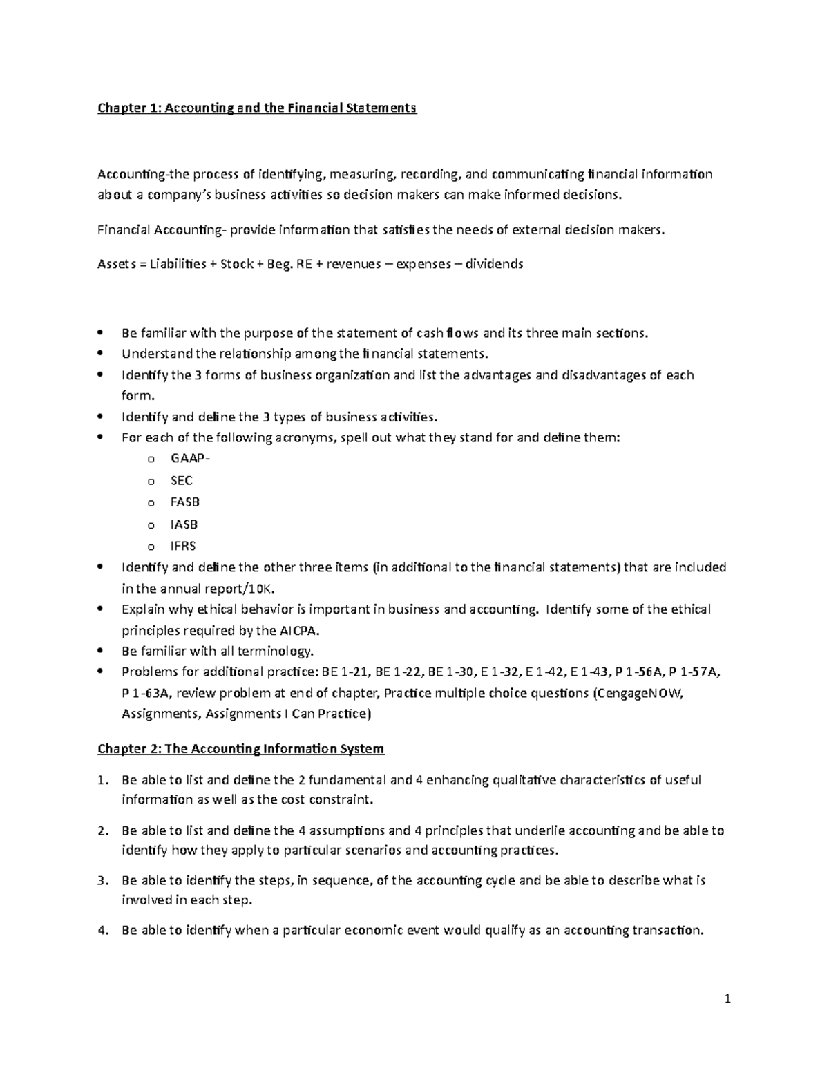 Exam+1+Ch+1-3+Review+Sheet - Chapter 1: Accounting and the Financial ...