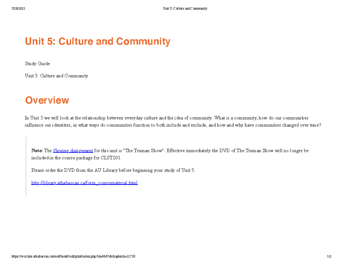 Unit 5 Culture and Community - 7/28/2021 Unit 5: Culture and Community ...