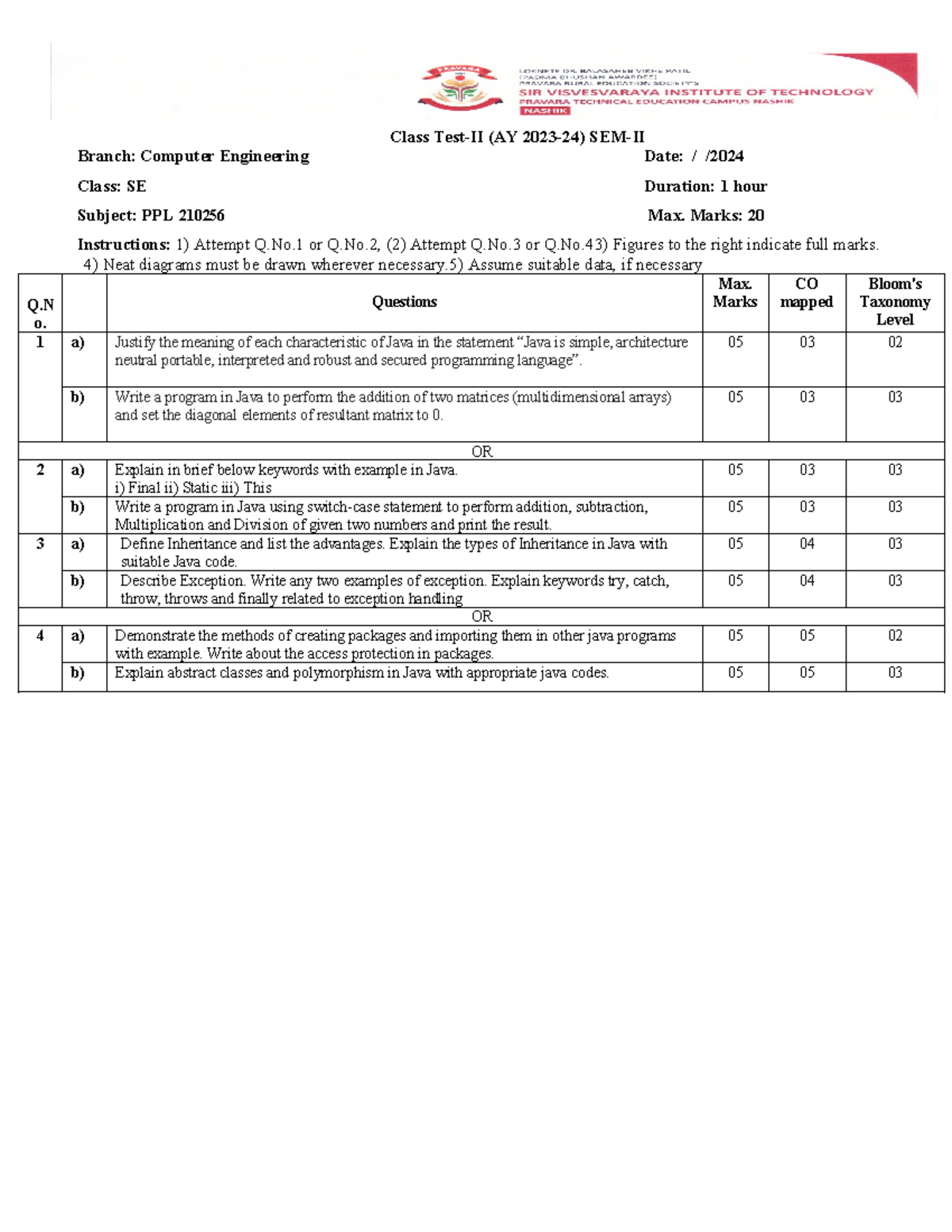 Class test-II Question Paper ppl - Class Test-II (AY 2023-24) SEM-II ...