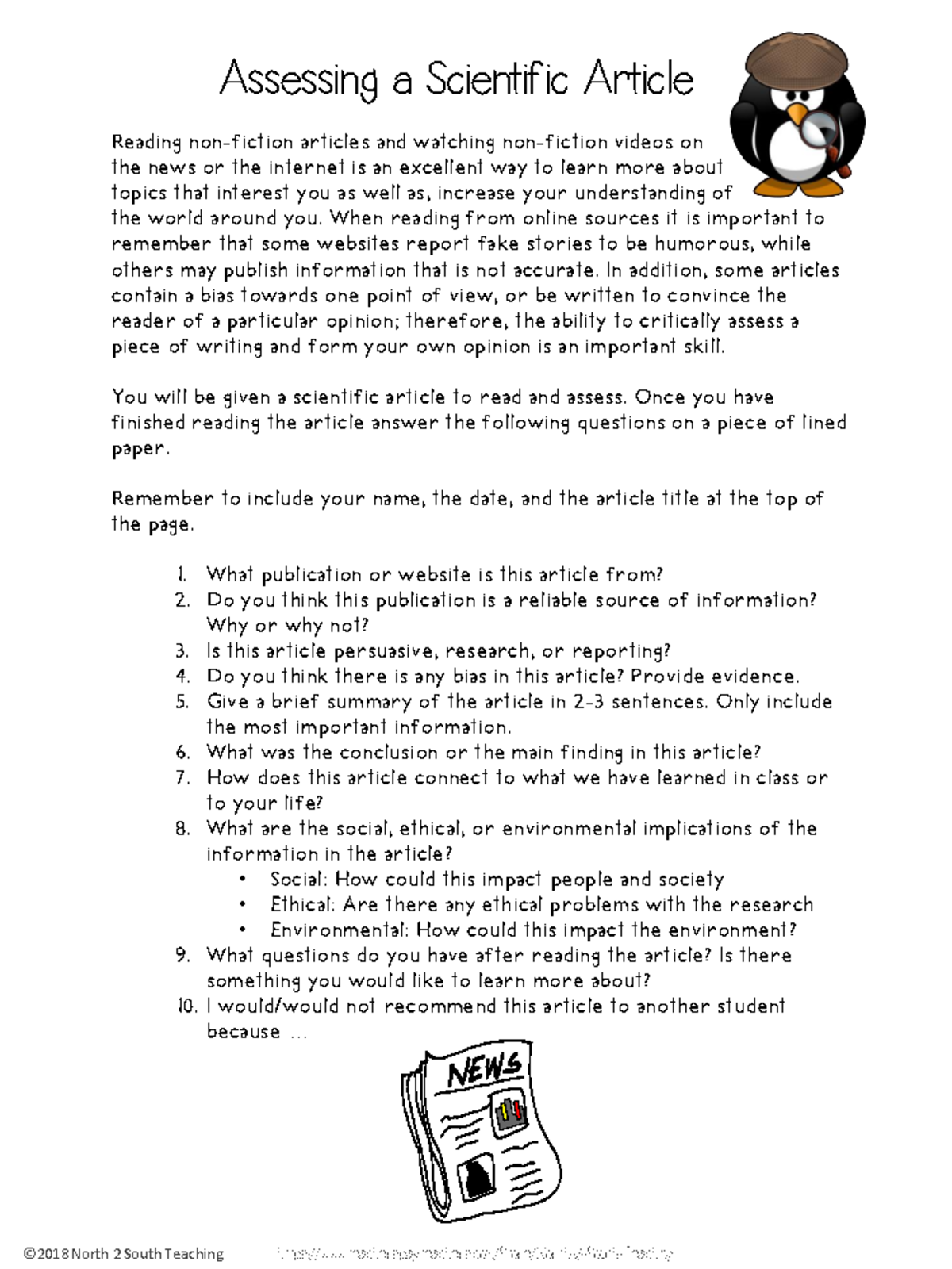 Assessing a Scientific Article - ©2018 North 2 South Teaching - Studocu