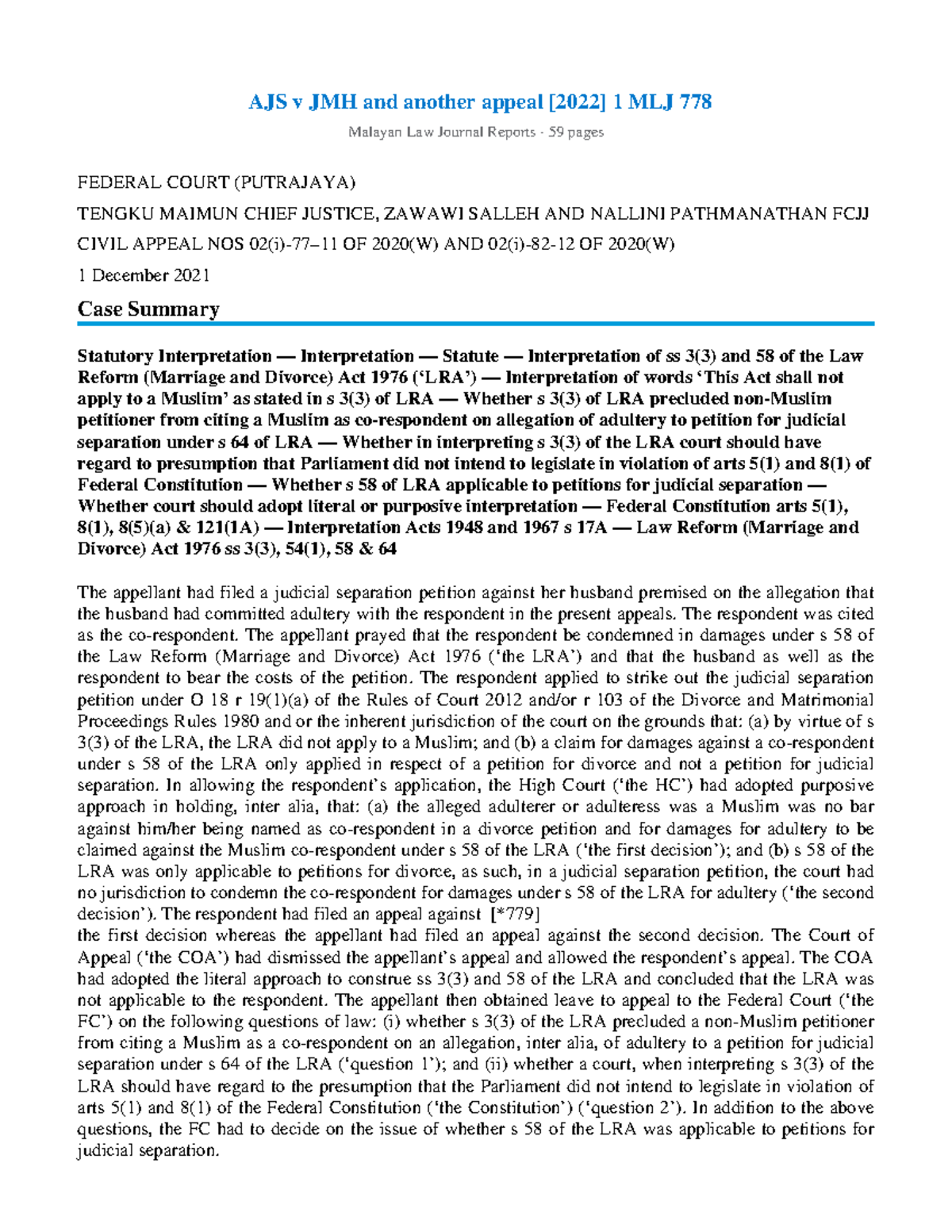 AJS v JMH and another appeal, [2022] 1 MLJ 778 - AJS v JMH and another appeal [2022] 1 MLJ 778 ...