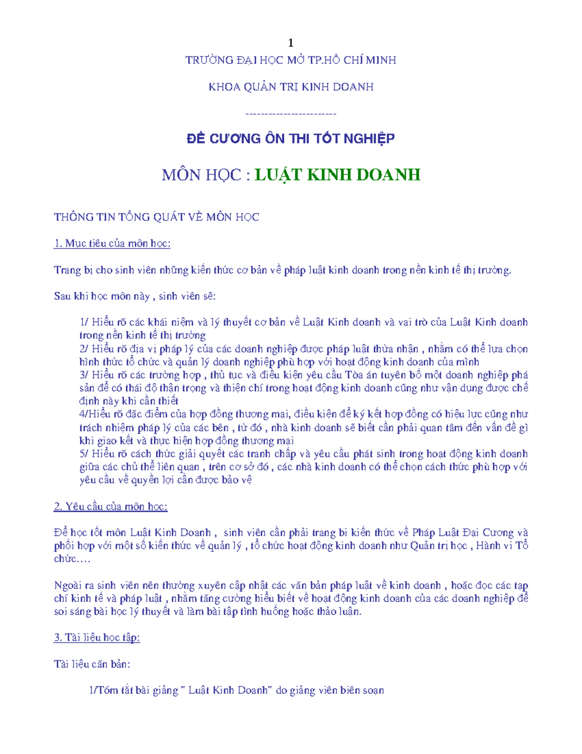 De cuong on thi tot nghiep mon luat kinh doanh 8875 - TRƯ NG ð I H C M TP CHÍ MINH KHOA QU N ...