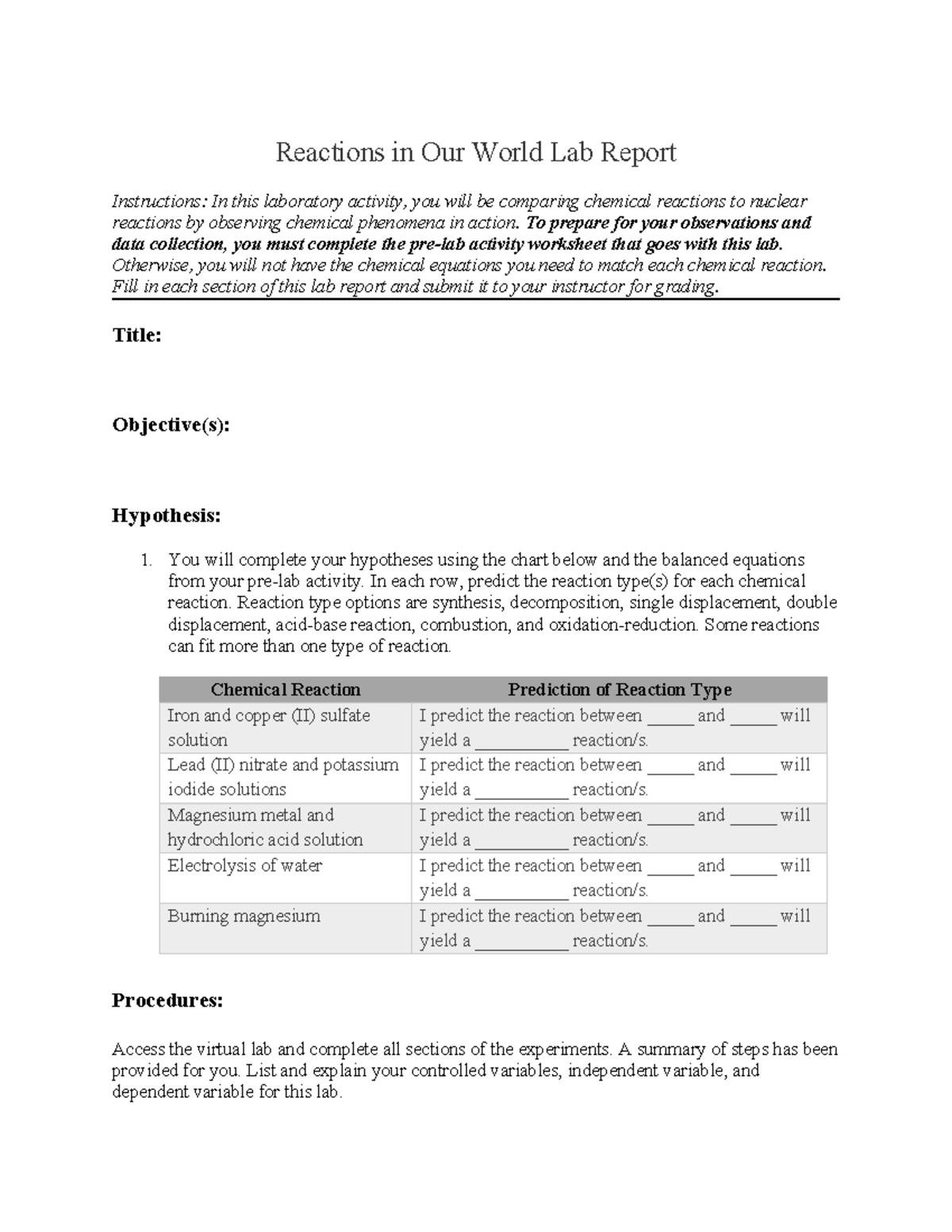 Lab report - Reactions in Our World Lab Report Instructions: In this ...