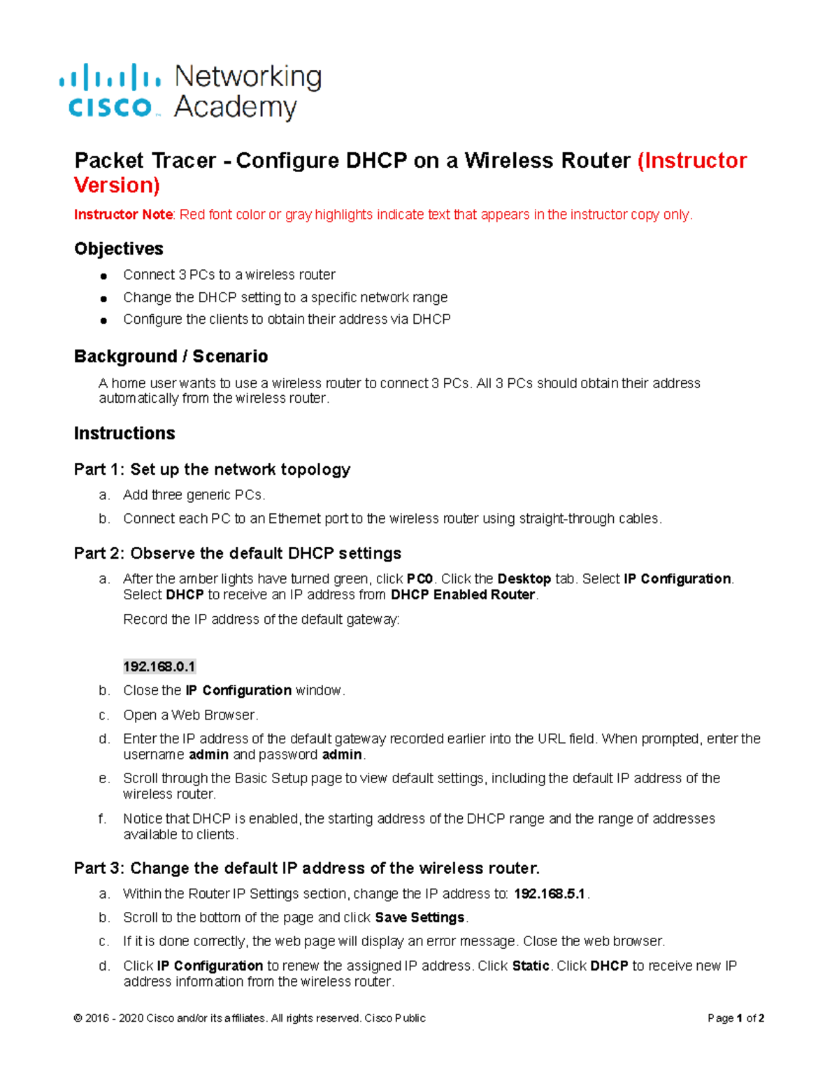 11.2.3 Packet Tracer - Configure DHCP on a Wireless Router - ILM - Packet Tracer - Configure ...