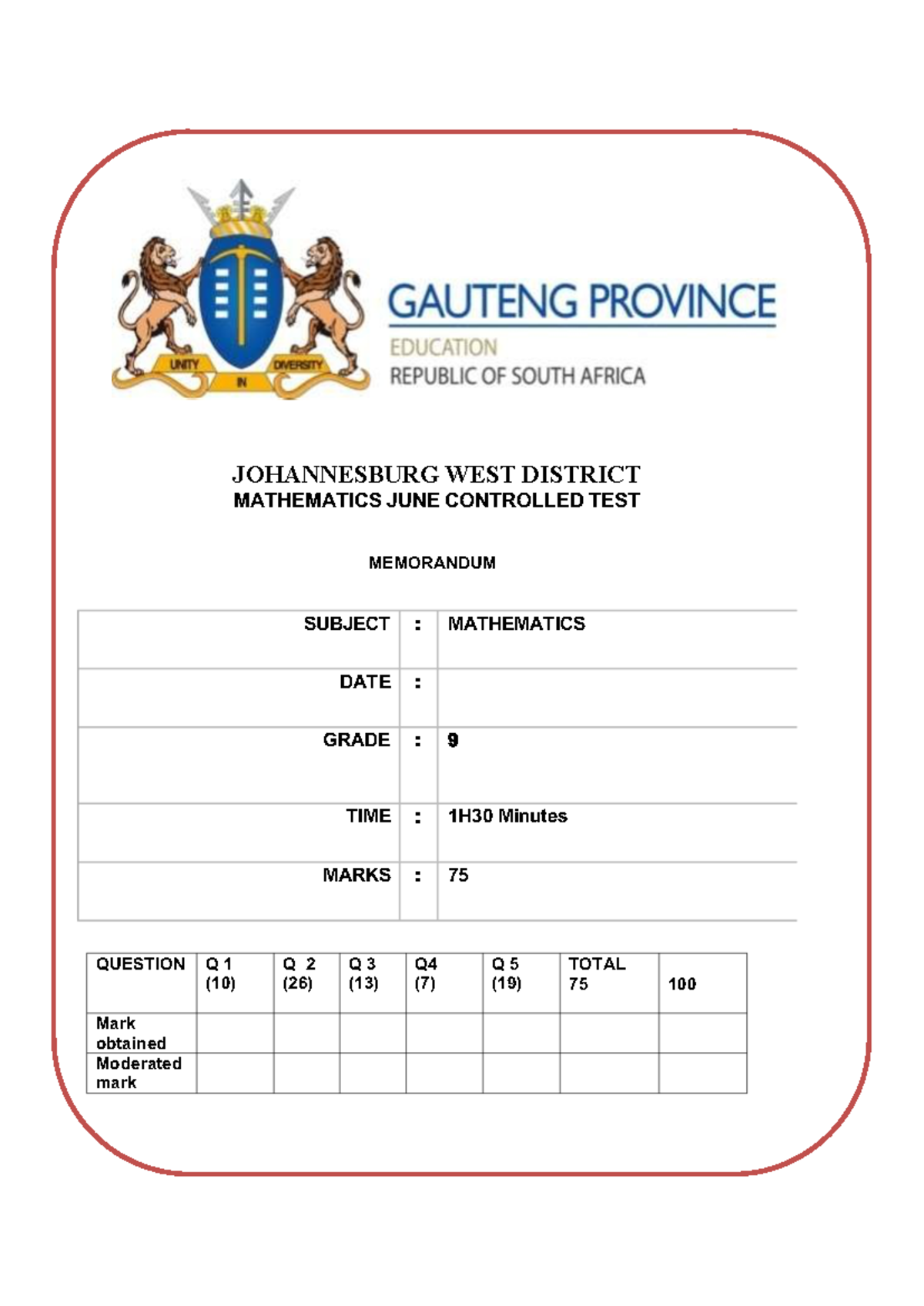 Memorandum Grade 9 - June exam memo - JOHANNESBURG WEST DISTRICT ...