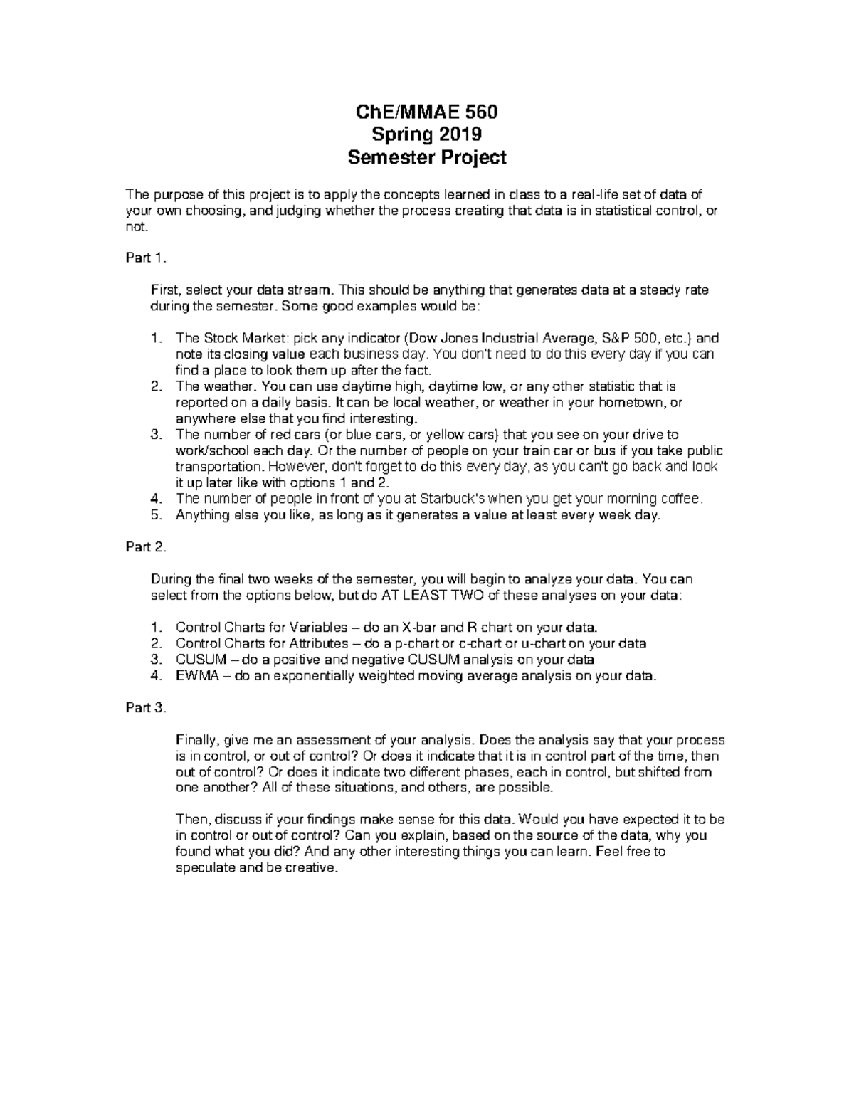 560 Semester Project - Prof John Cesarone - ChE/MMAE 5 60 Spring 2019 ...