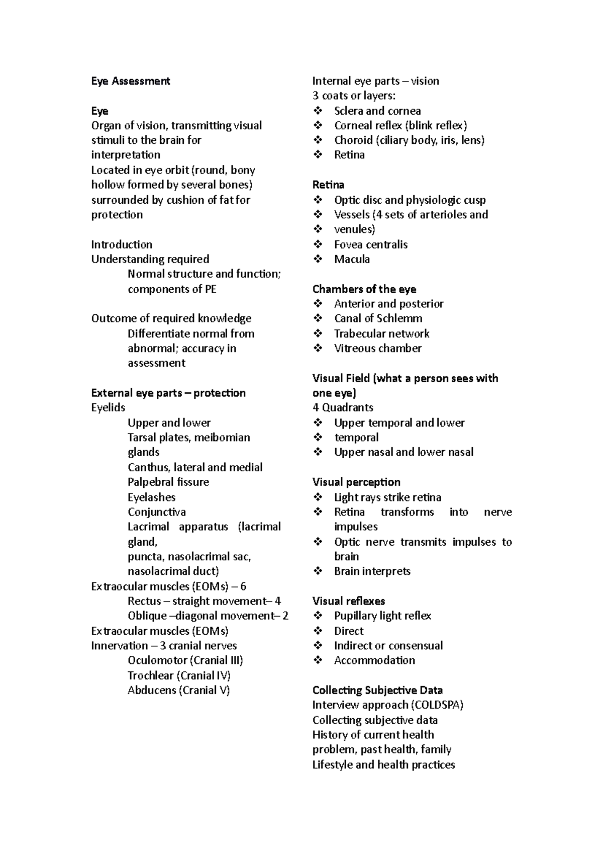 Eye Assessment - Notes - Eye Assessment Eye Organ of vision ...