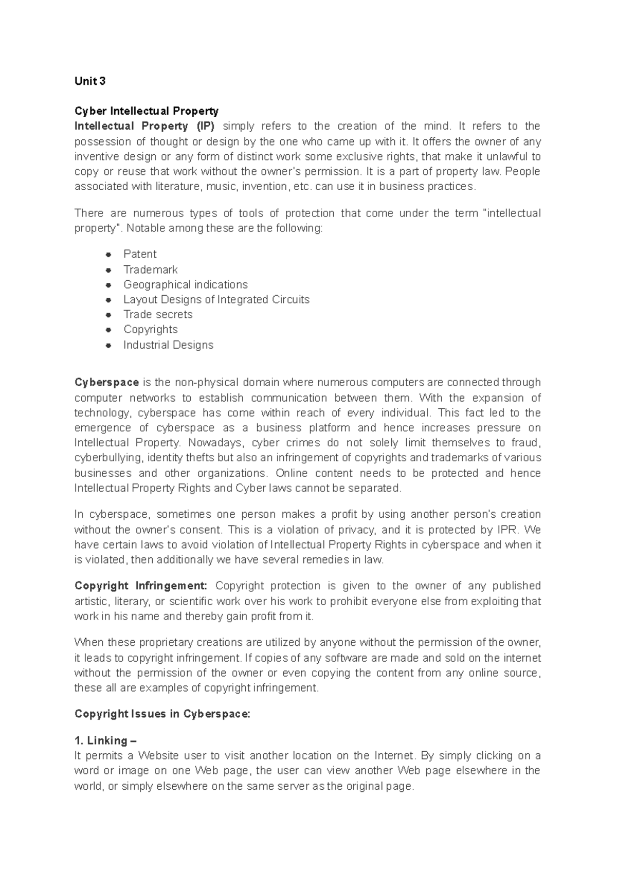 Ipr - Notes - Unit 3 Cyber Intellectual Property Intellectual Property ...