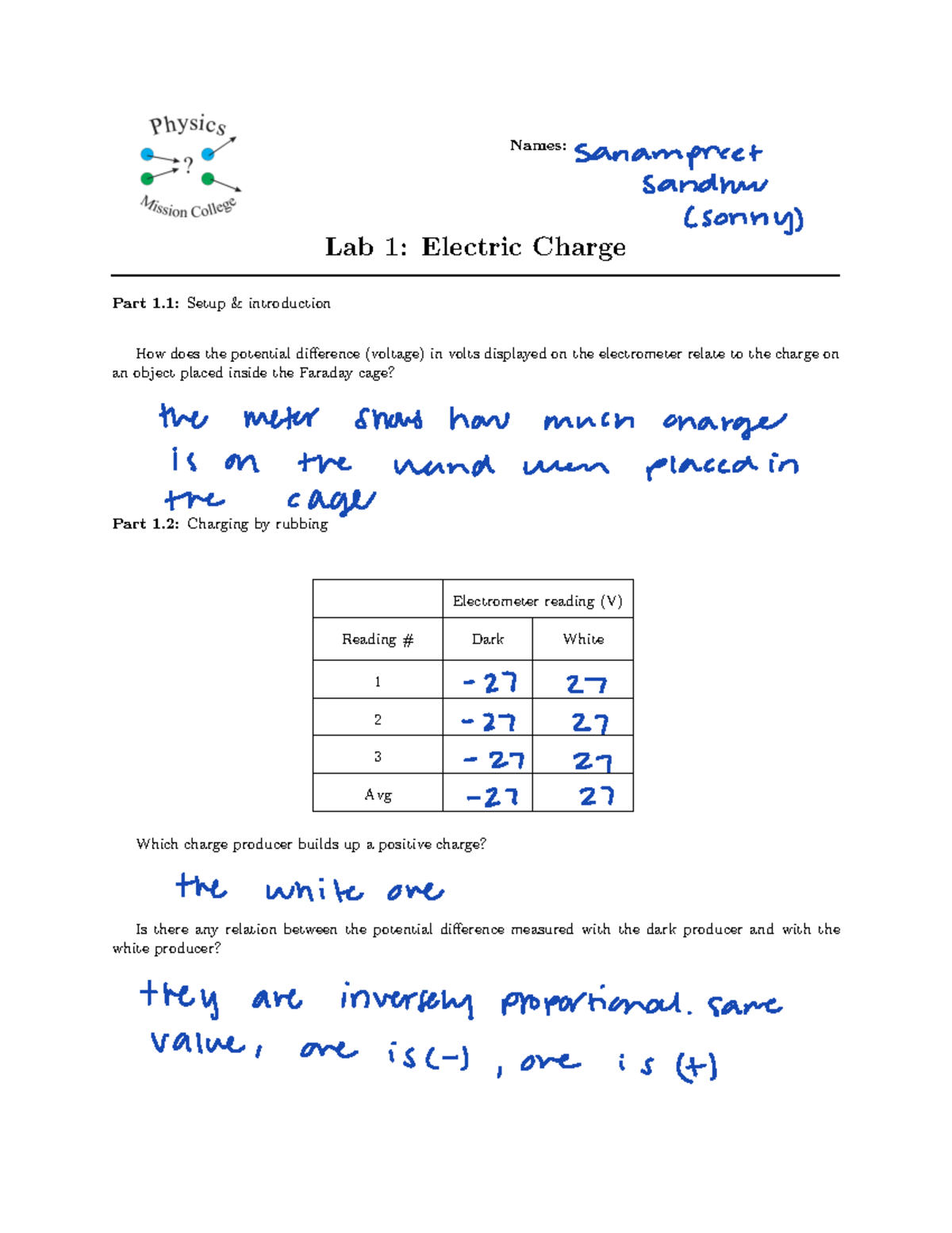Lab1-Worksheet - Lecture notes 1 - Names: Lab 1: Electric Charge Part 1 ...