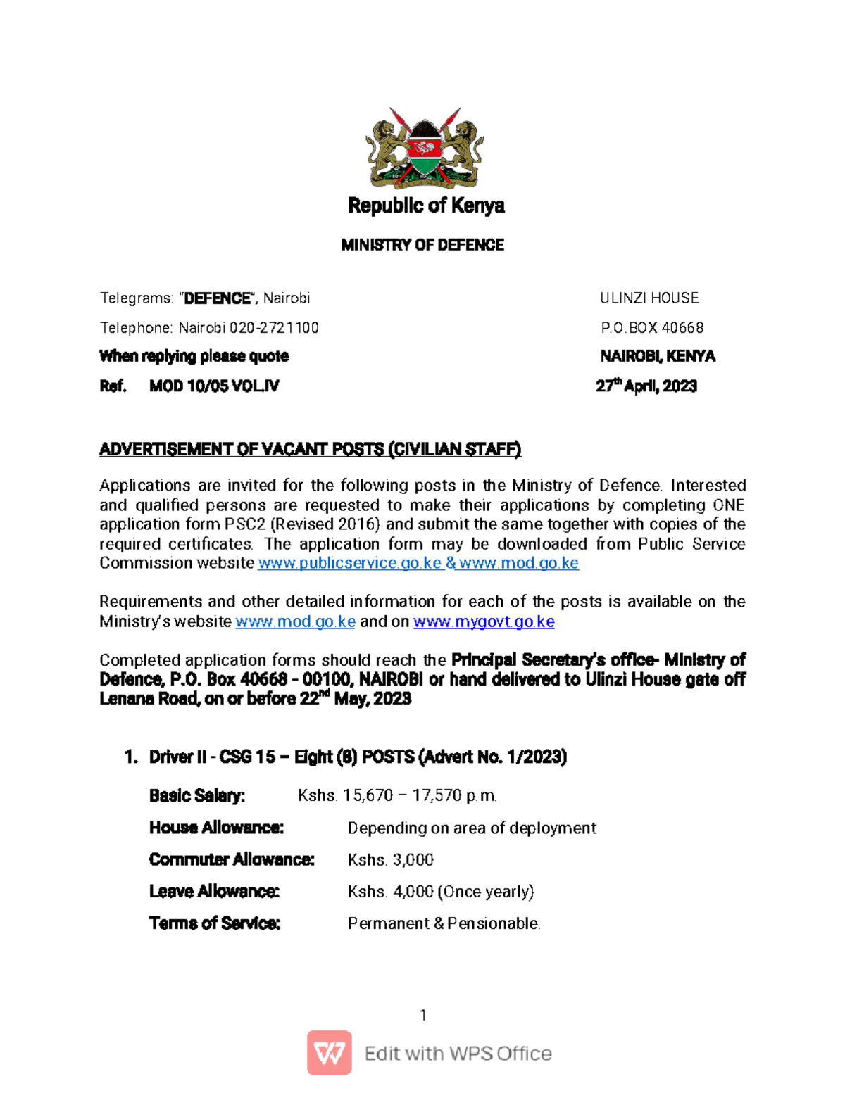 Vacancies IN THE Ministry OF Defence Civilian - Republic of Kenya MINISTRY OF DEFENCE Telegrams ...