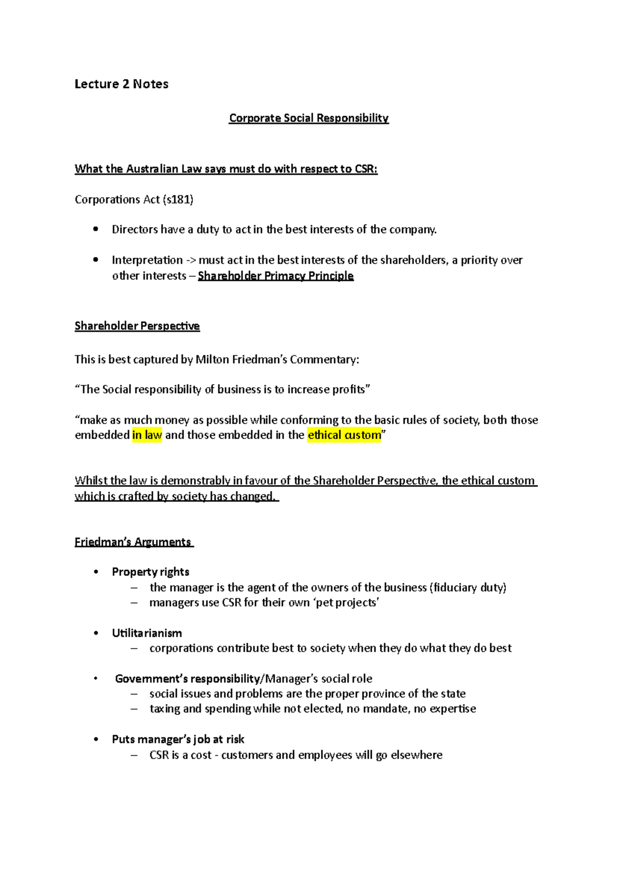 Lecture 2 Notes - Corporate Social Responsibility - MKTG30012 - Unimelb ...