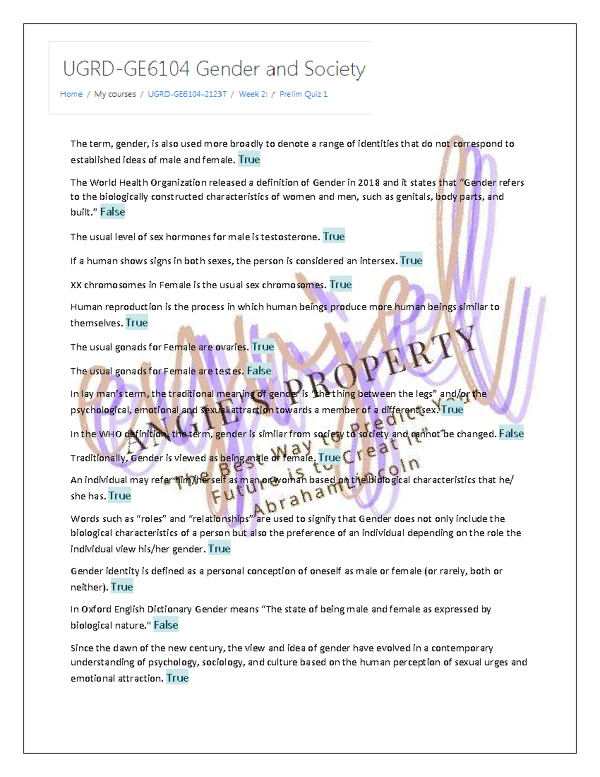 Gender Society [Prelim QUIZ 1 & 2] - The term, gender, is also used ...