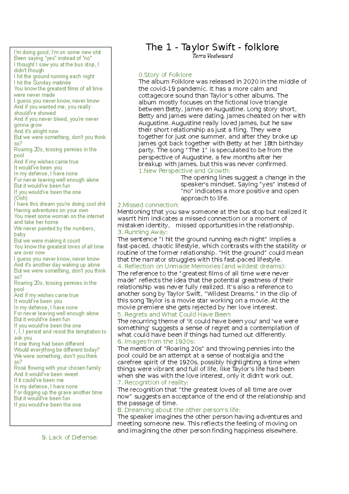 Taylor Swift folklore analysis, the 1, engels - The 1 - Taylor Swift ...