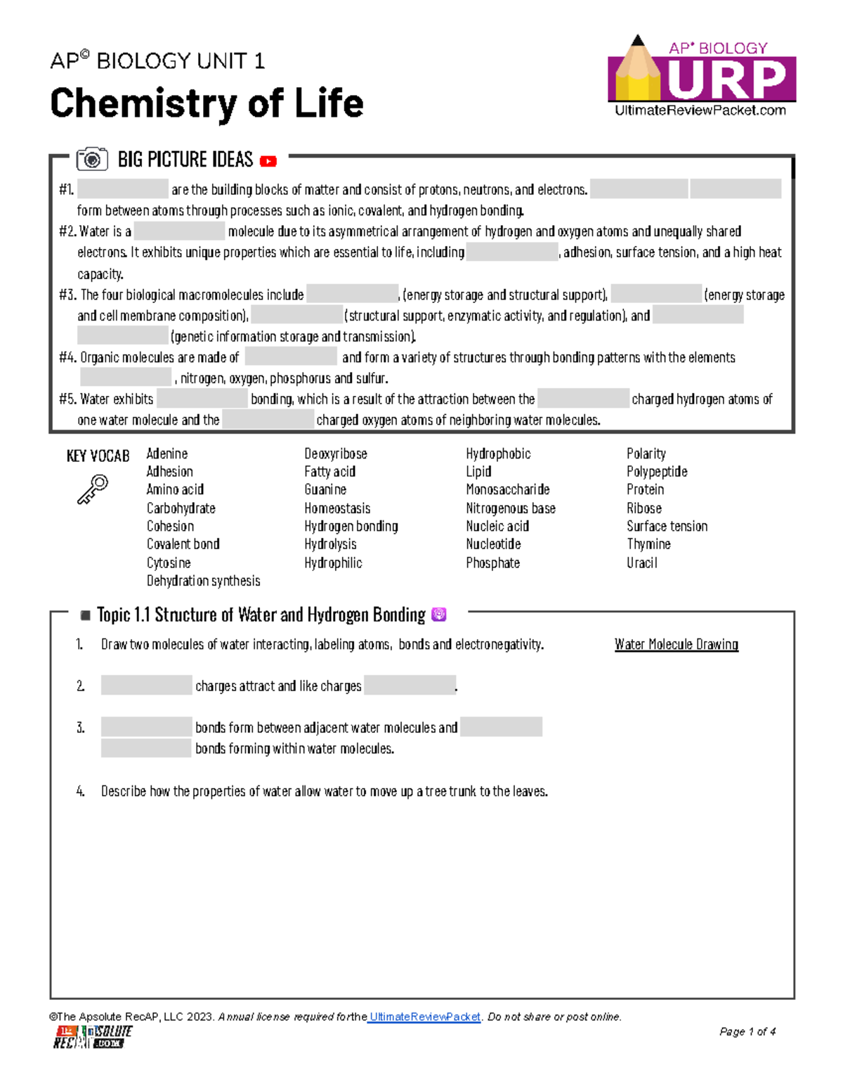 UNIT 1 apbio notes - AP BIOLOGY UNIT 1 Chemistry of Life BIG PICTURE ...
