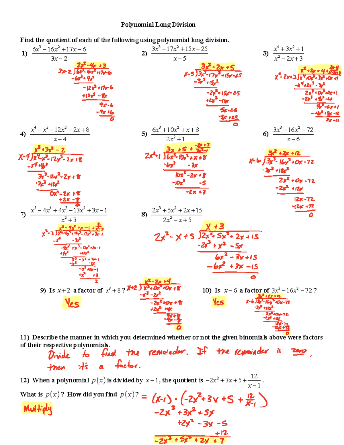 2.1 Polynomial Long Division Solutions - HON 499 - UNLV - Studocu