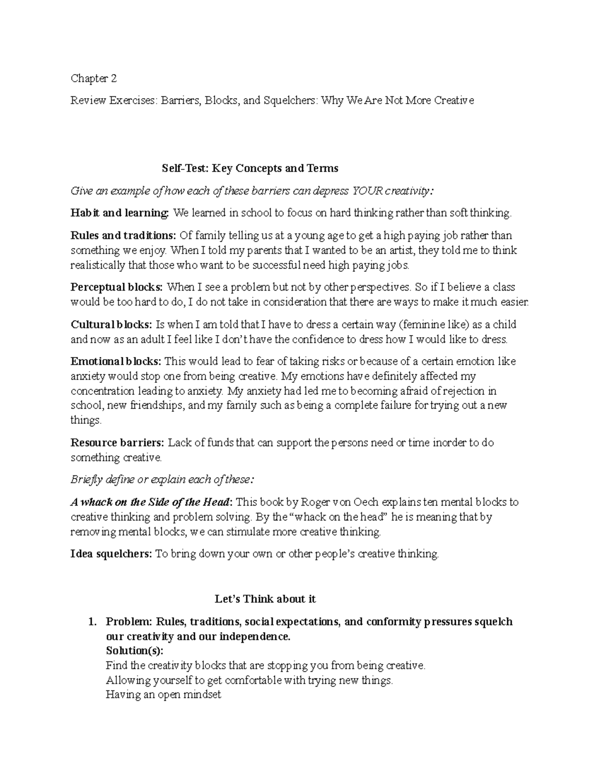 Ch. 2 Review questions creative writing - Chapter 2 Review Exercises ...