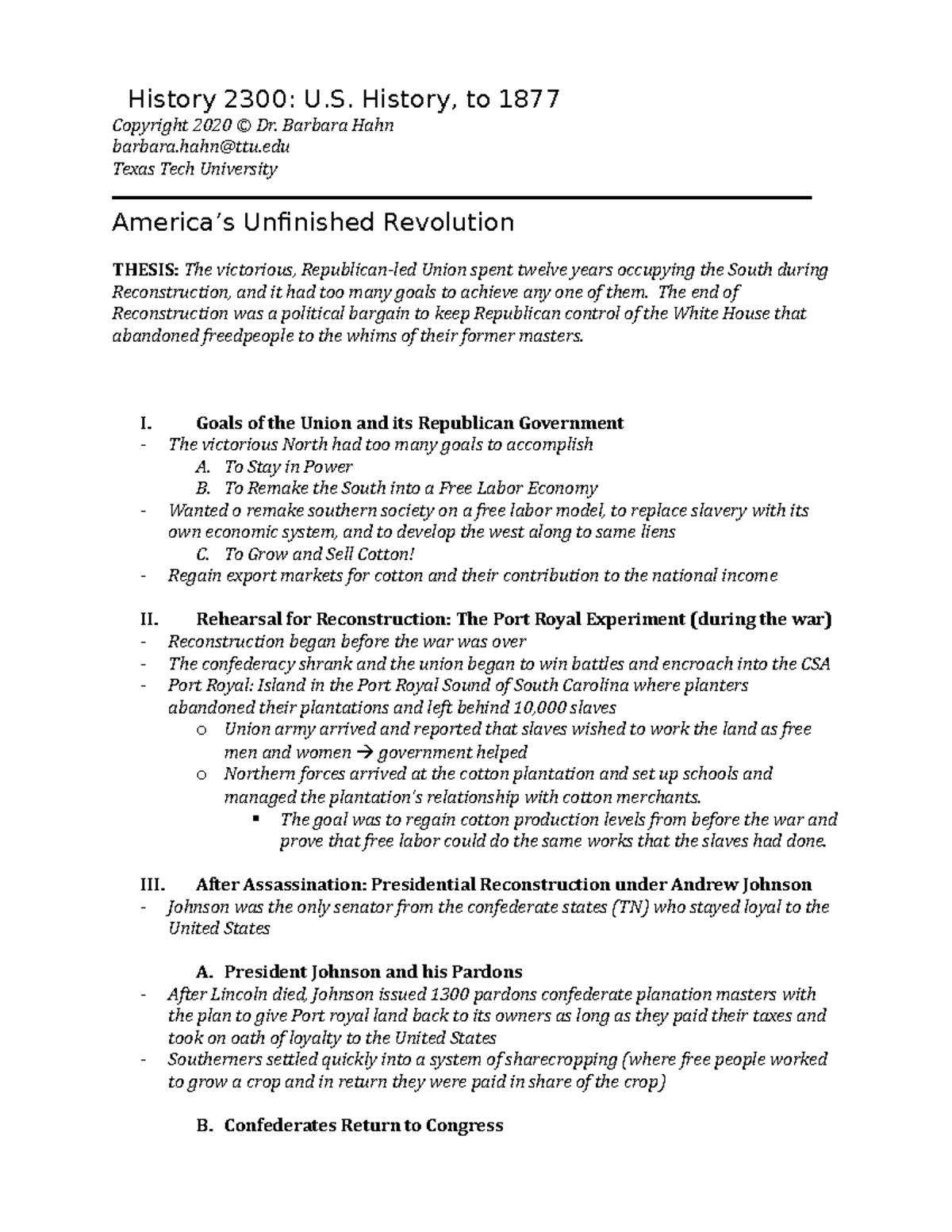 25 Reconstruction-outline - History 2300: U. History, to 1877 Copyright ...