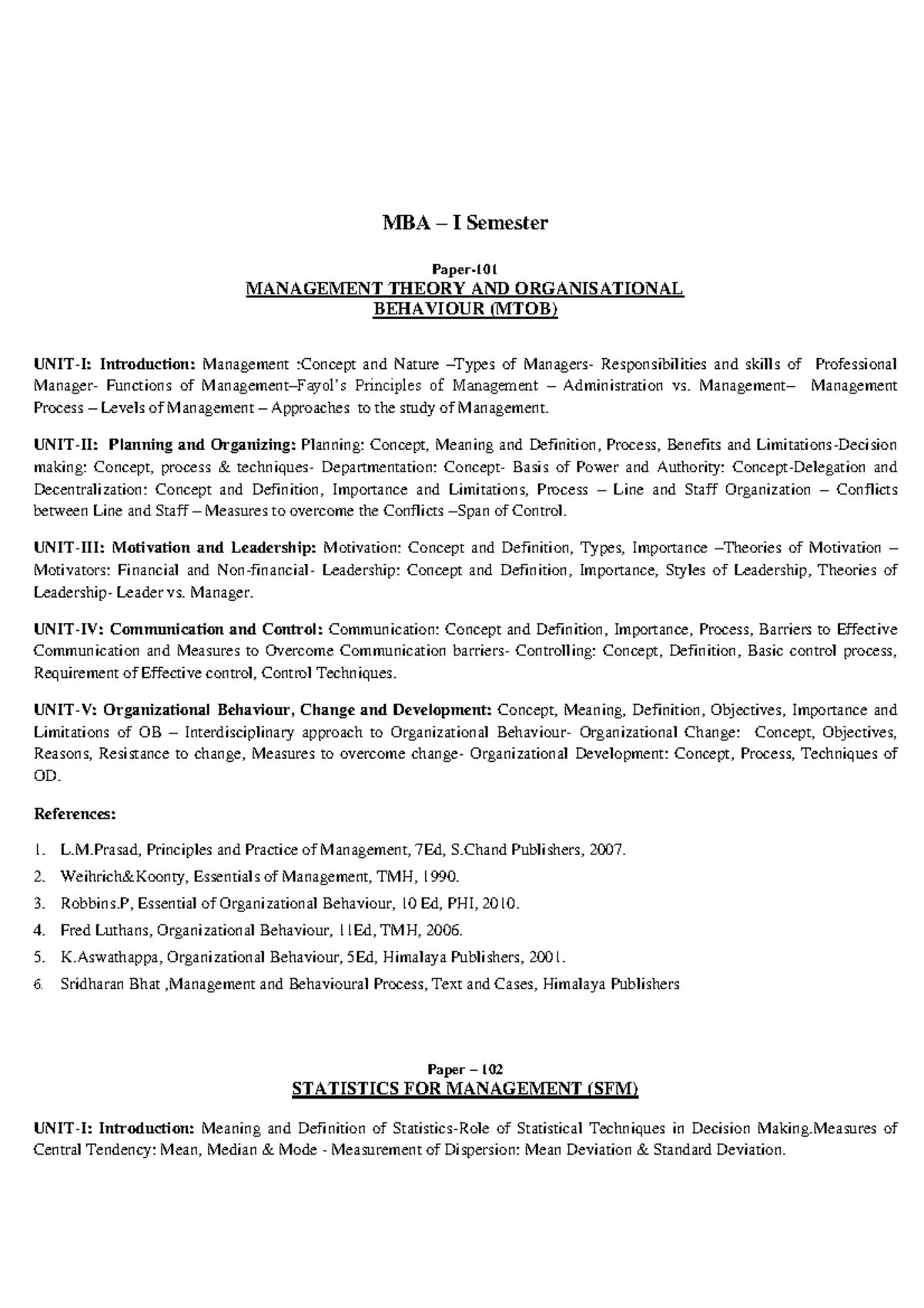 MBA-Syllabus - MBA – I Semester Paper- MANAGEMENT THEORY AND ORGANISATIONAL BEHAVIOUR (MTOB ...