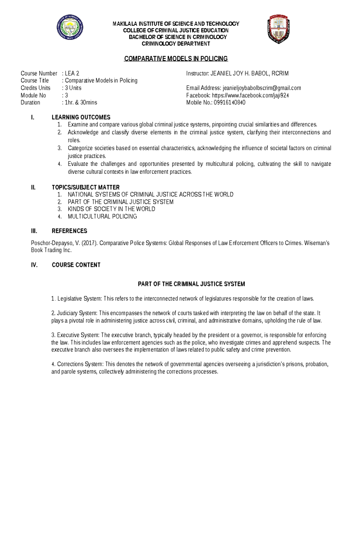 LEA 2 - M3A 2 sasd - COLLEGE OF CRIMINAL JUSTICE EDUCATION BACHELOR OF ...