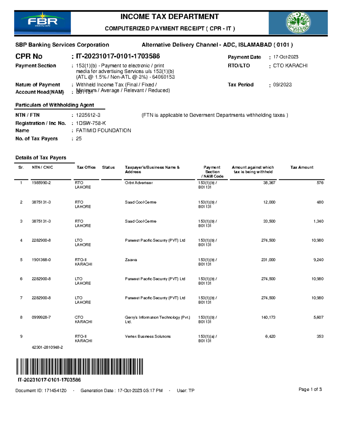 IT2023101701011703586 - INCOME TAX DEPARTMENT COMPUTERIZED PAYMENT ...