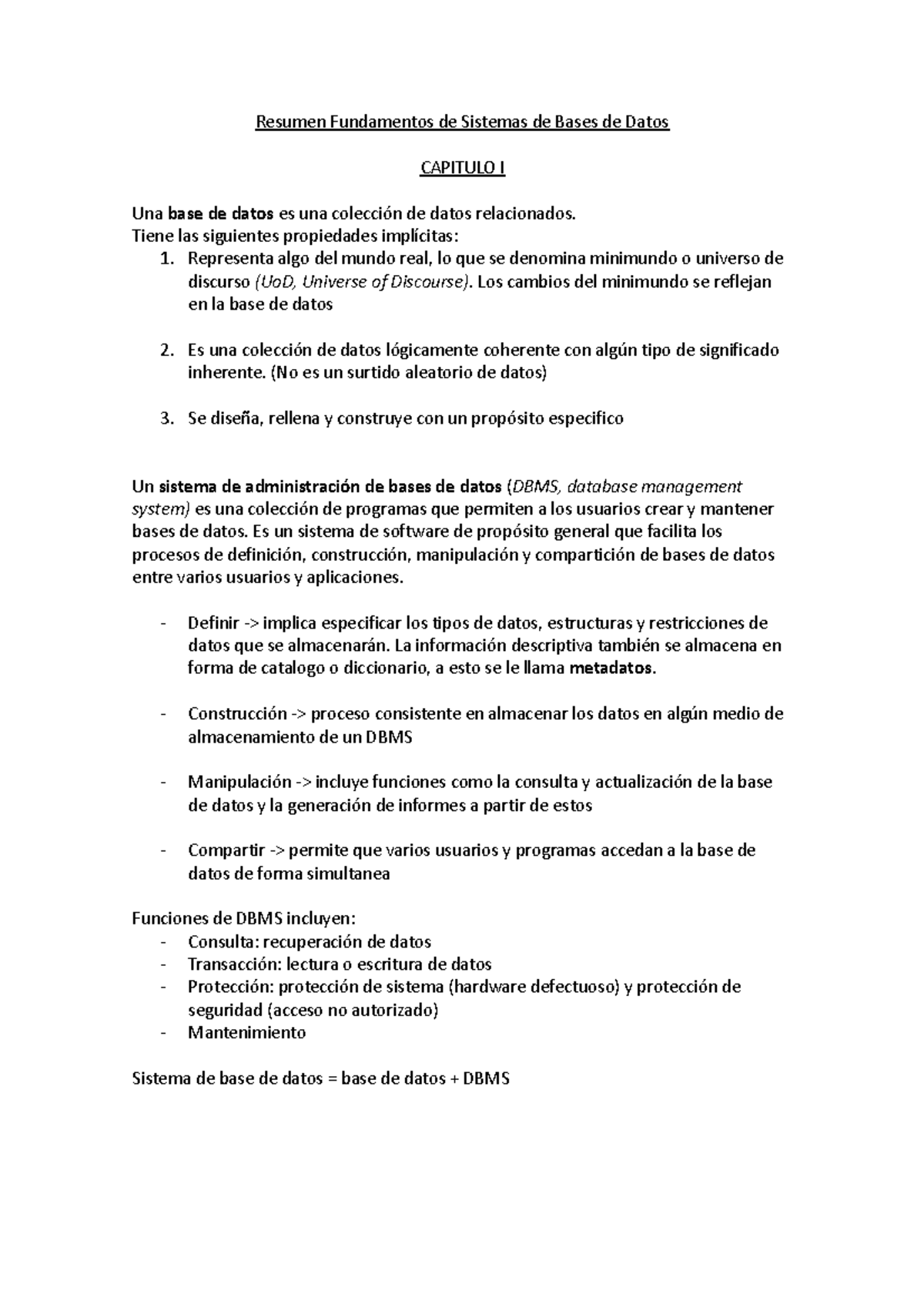 Resumen Fundamentos de Sistemas de Bases de Datos (1 - 6) - Resumen ...