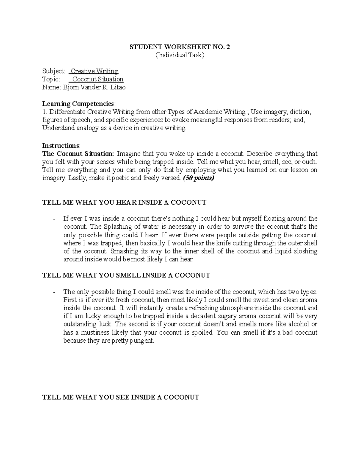 Coconut Situation - STUDENT WORKSHEET NO. 2 (Individual Task) Subject ...