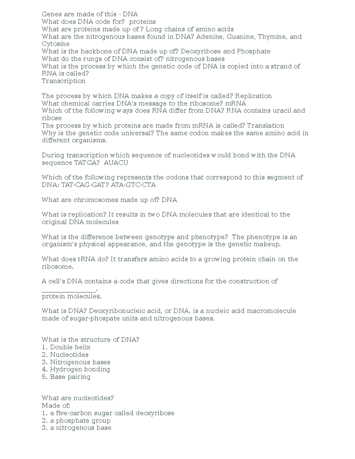 Week 5 - DNA and RNA - Lecture notes 5 - Genes are made of this - DNA ...