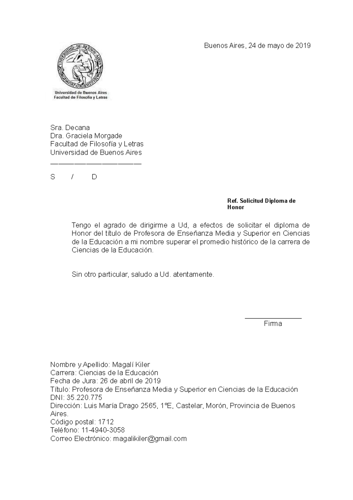 Formulario de nota modelo - Buenos Aires, 24 de mayo de 2019 Sra ...