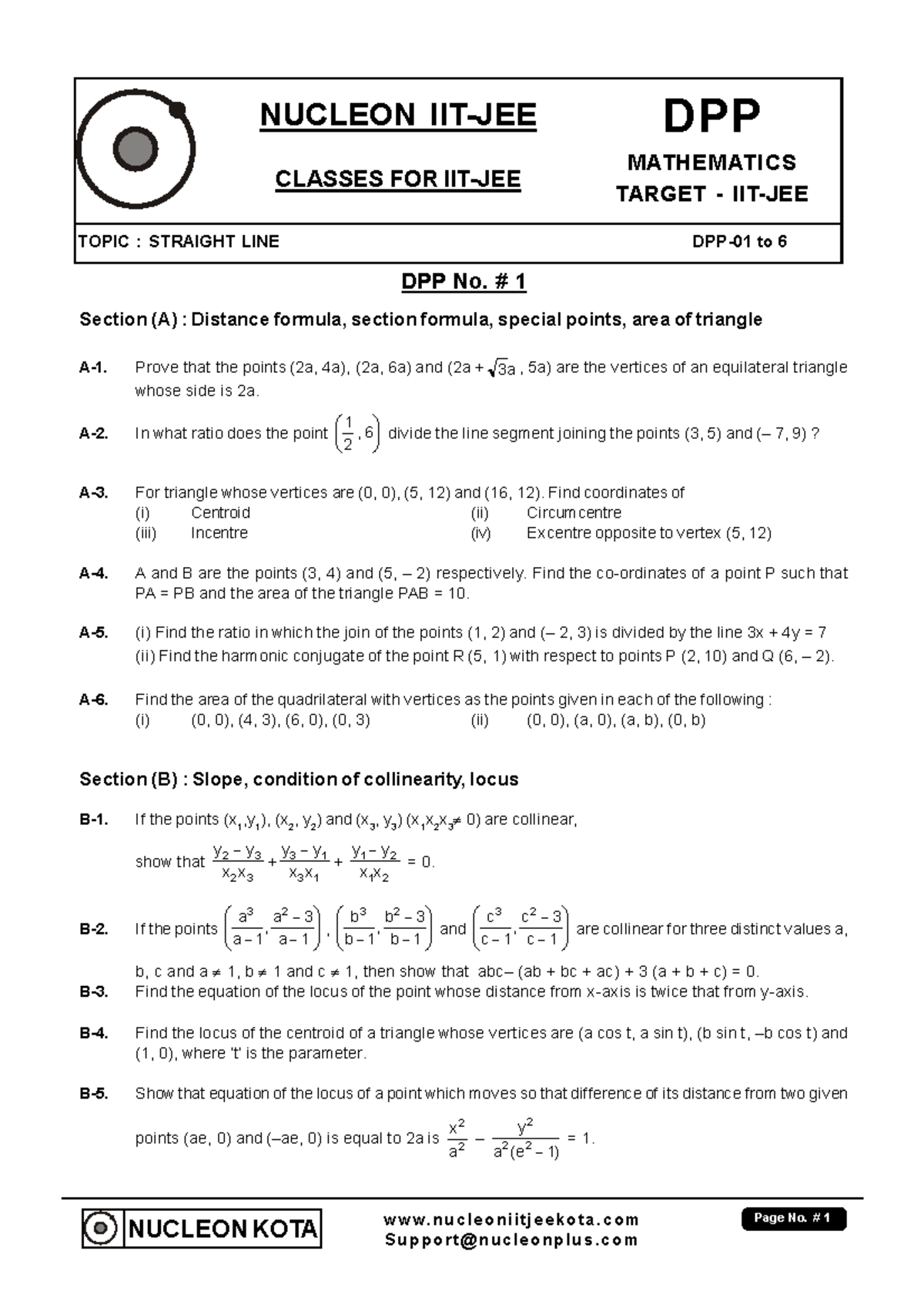 6. Straight Line DPP No. 1 to 6 - nucleoniitjeekota Page No. # 1 DPP No ...