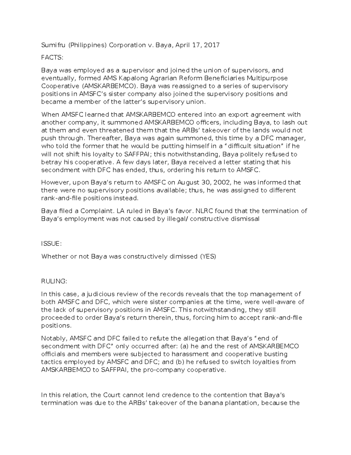 Sumifru Corp. v. Baya - Sumifru (Philippines) Corporation v. Baya ...