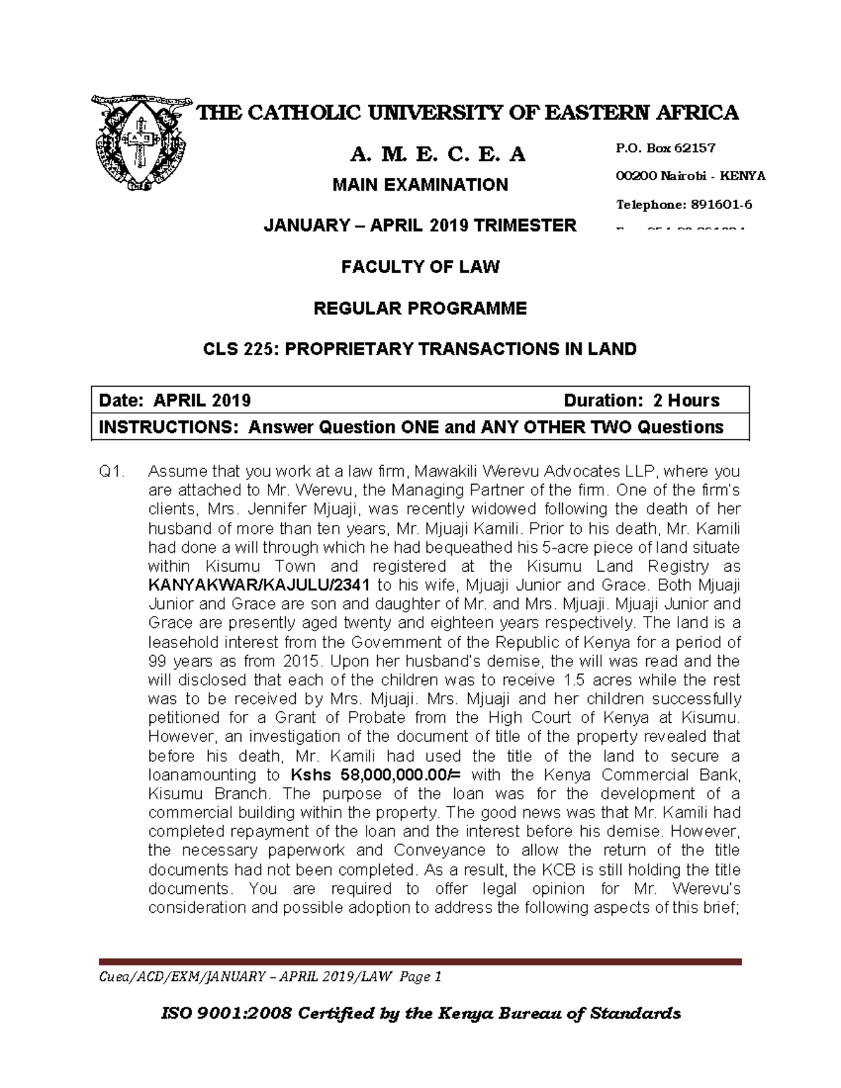 CLS 225 - THE CATHOLIC UNIVERSITY OF EASTERN AFRICA MAIN EXAMINATION ...