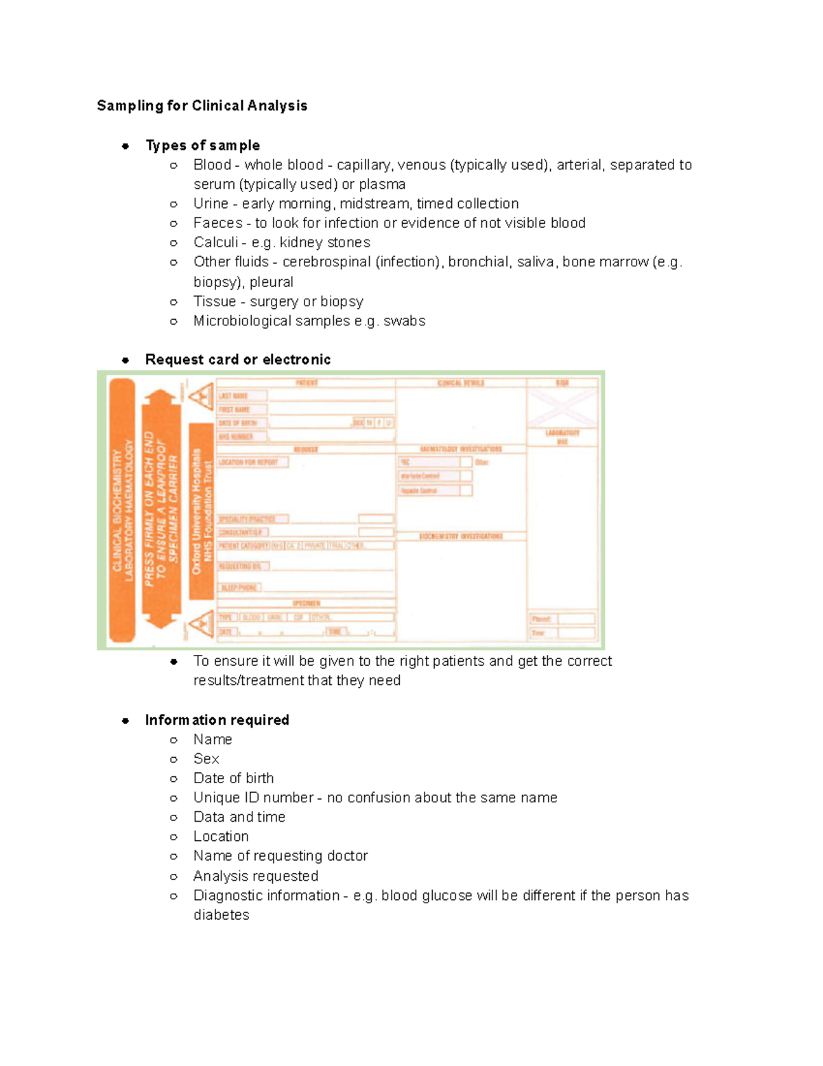 Lecture 2 Sampling for Clinical Analysis - Sampling for Clinical ...