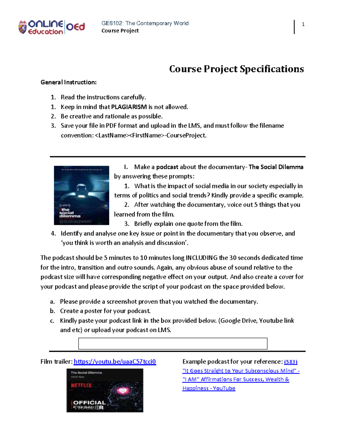 GE6102 Course Project (1) The Contemporary World - GE6102: The ...