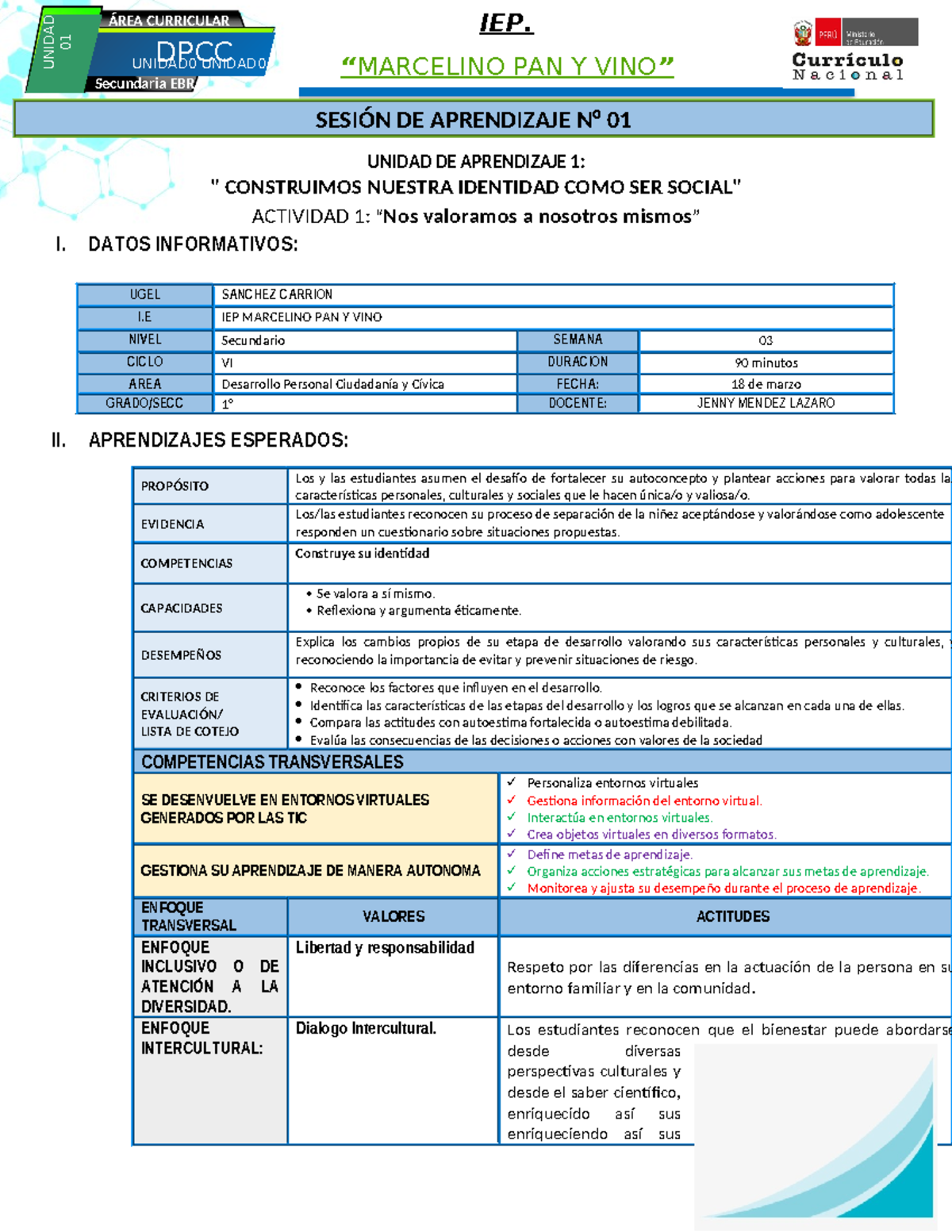 1º DPCC SES 1 UNI 1 SEM 01 - 2023 - IEP. “MARCELINO PAN Y VINO” Secundaria EBR UNIDAD 01 ÁREA ...