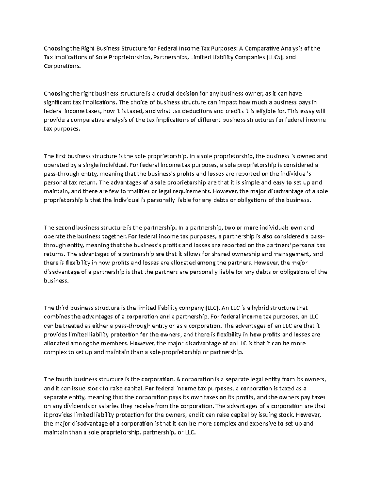 Choosing the Right Business Structure for Federal Income Tax Purposes ...