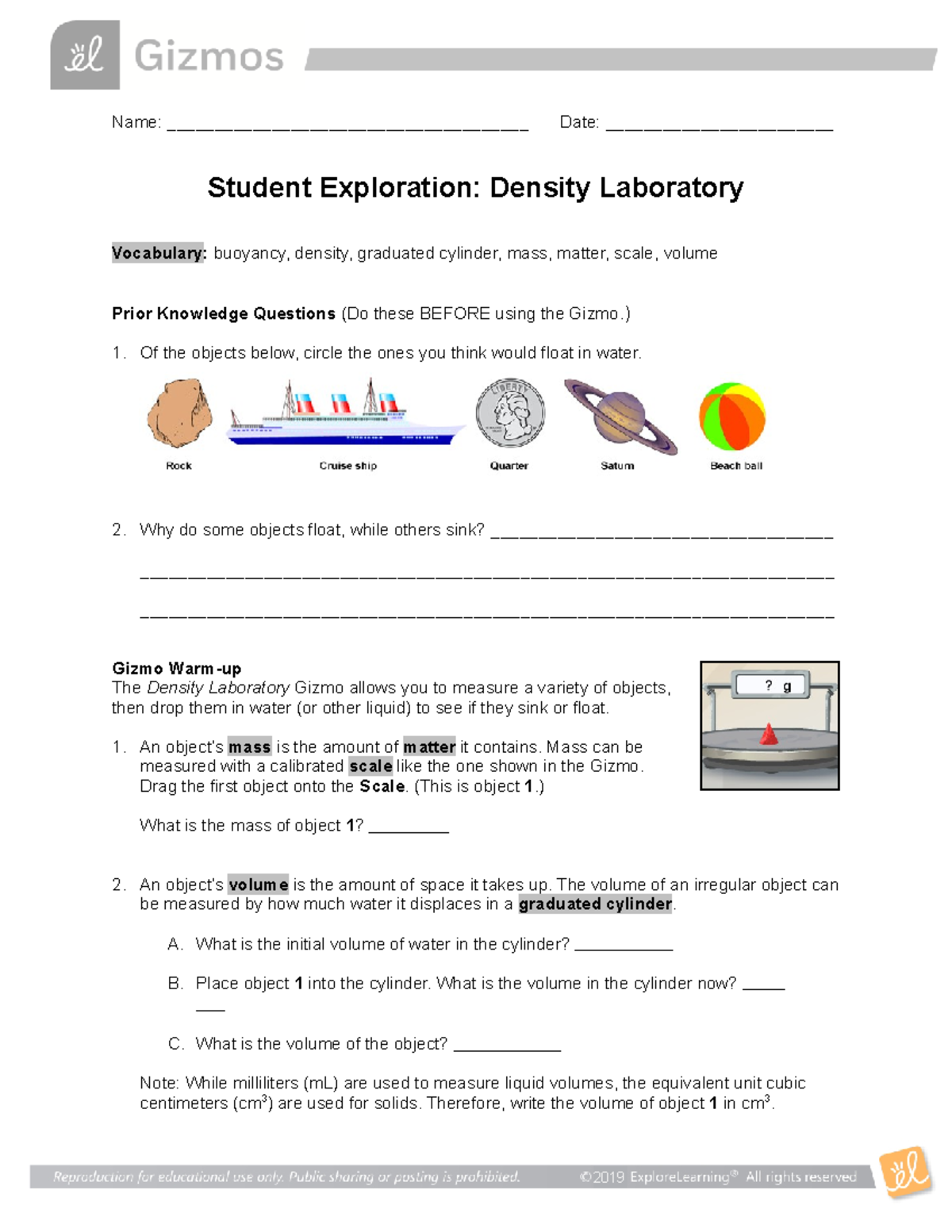 Density Lab SE 1 - science - Name ...