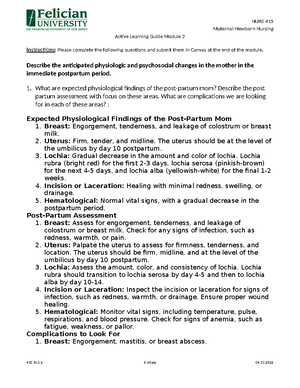 Active Learning Guide - Module 1 - NURS 415 Maternal-Newborn Nursing Active Learning Guide ...