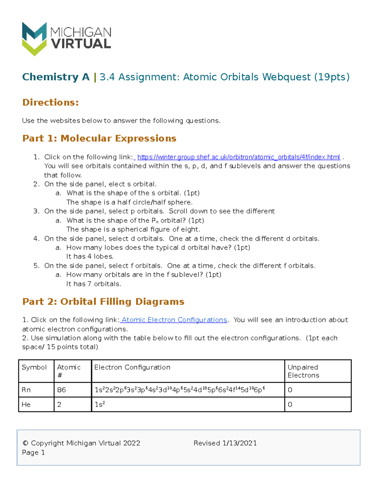 Chemistry A 3.4 Atomic Orbitals Webquest Finished - Chemistry A | 3 ...