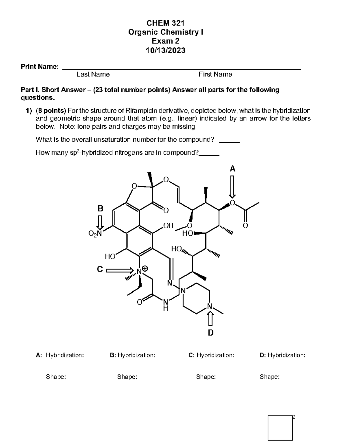 CHEM 321 exam2 FS23 blank exam - CHEM 321 Organic Chemistry I Exam 2 10 ...