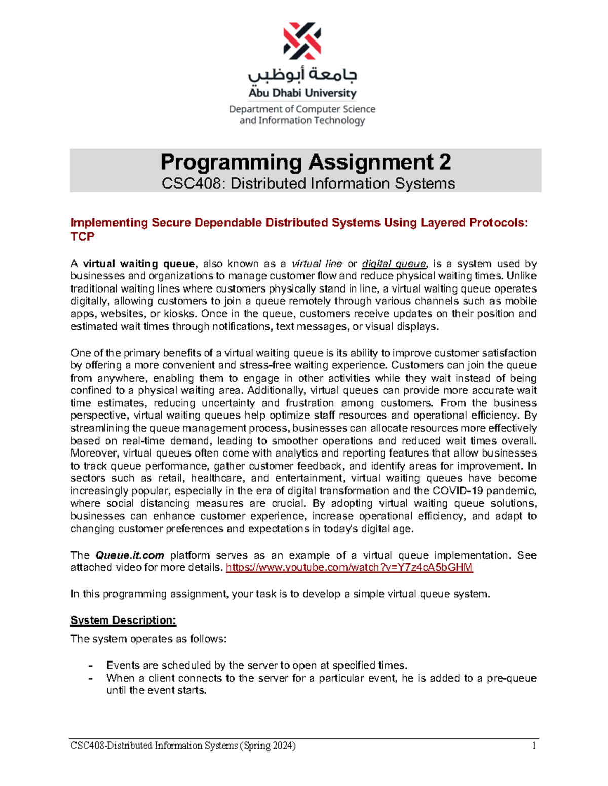 Assignment 2 CSC408Spring 2024 AD - CSC 408 - Distributed Information Systems (Spring 20 24 ) 1 ...