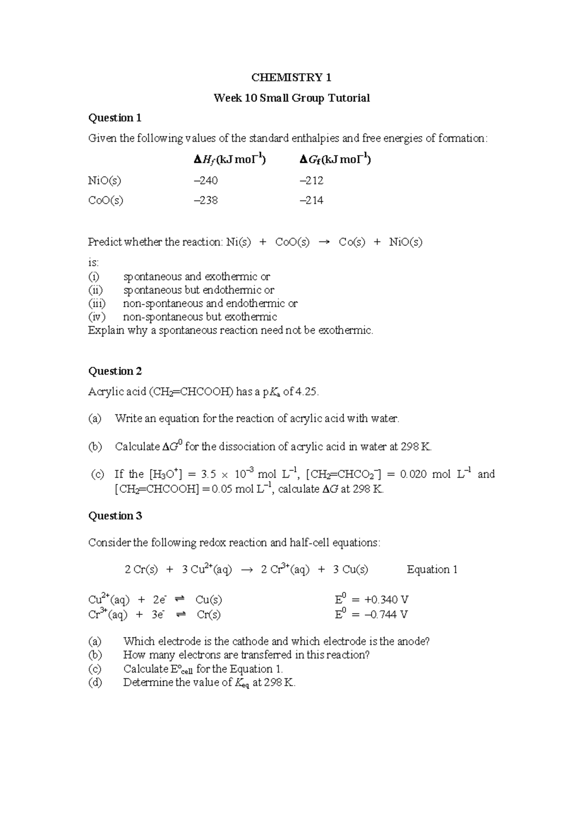 Week 10 small group tutorial answers - CHEMISTRY 1 Week 10 Small Group ...